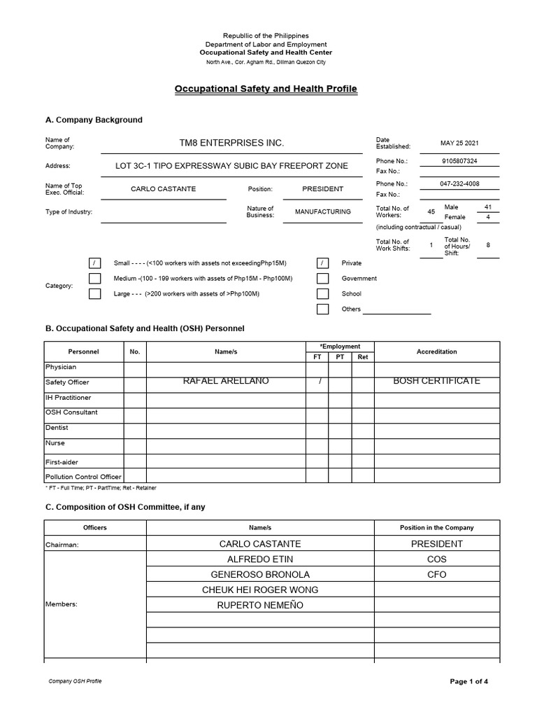 OSH Profile - Company (EDITED | Download Free PDF | Occupational ...