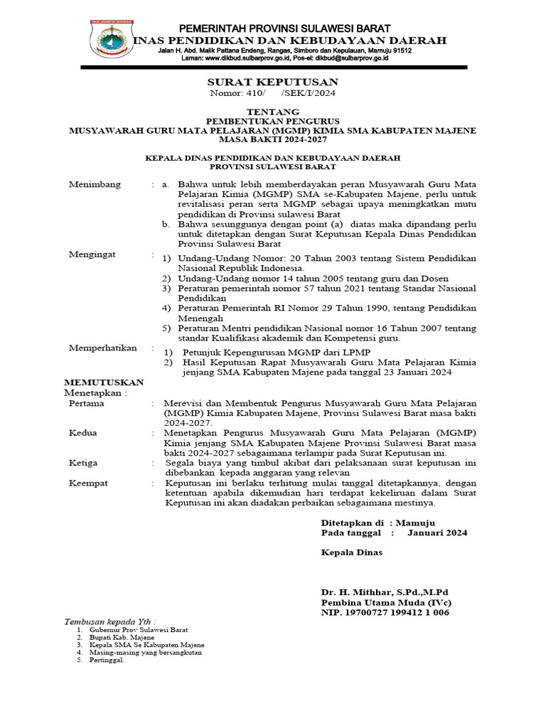 Pengurus MGMP Kimia Majene 2024-2027 | PDF