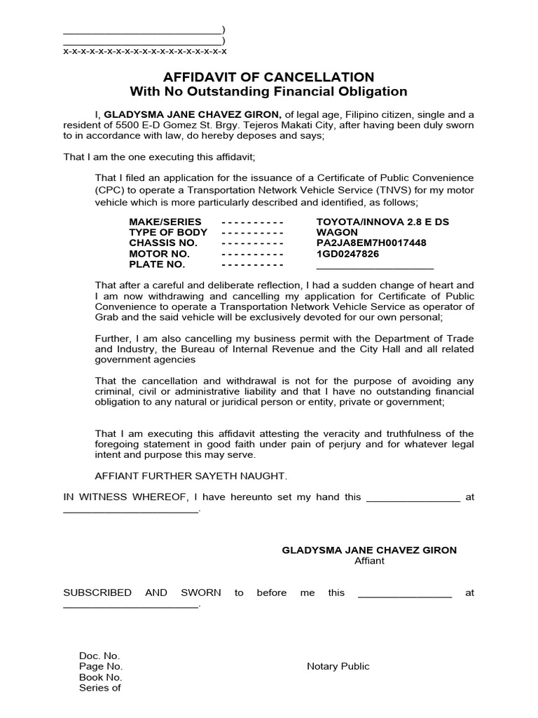 Affidavit of Cancellation 2018 - Gladysma Jane Chavez Giron | PDF | Affidavit | Common Law