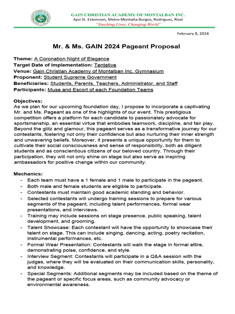 SG Proposal Foundation Day Mr. and Mrs. GAIN 2024 Pageant | PDF