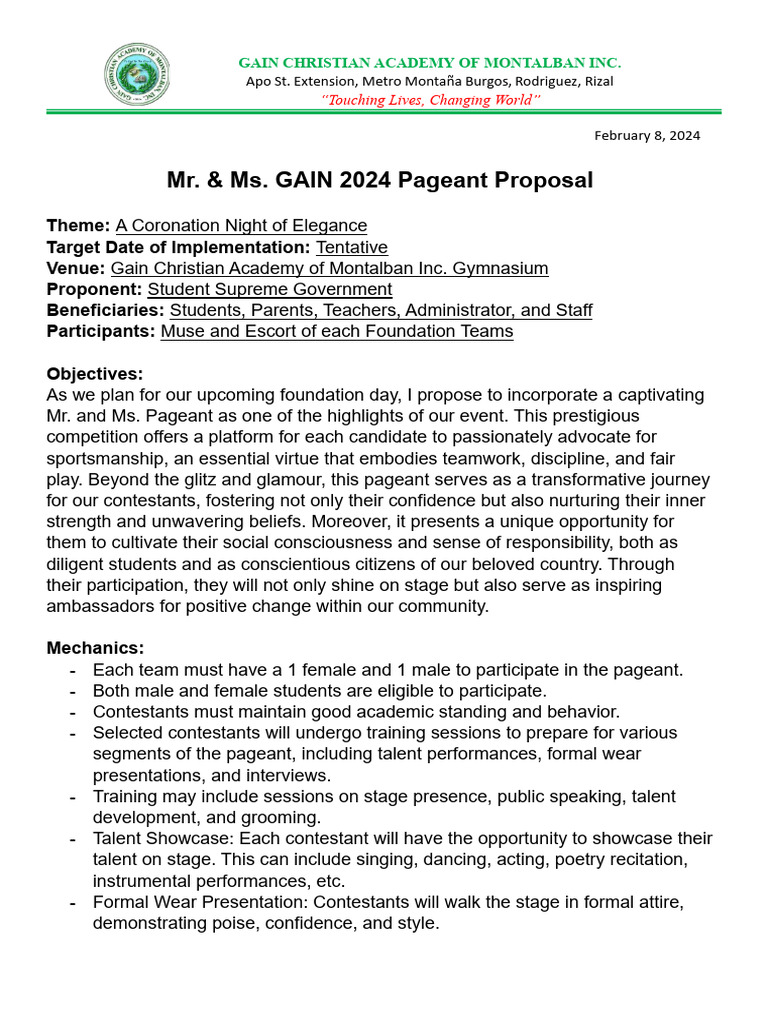 SG Proposal Foundation Day Mr. and Mrs. GAIN 2024 Pageant | PDF