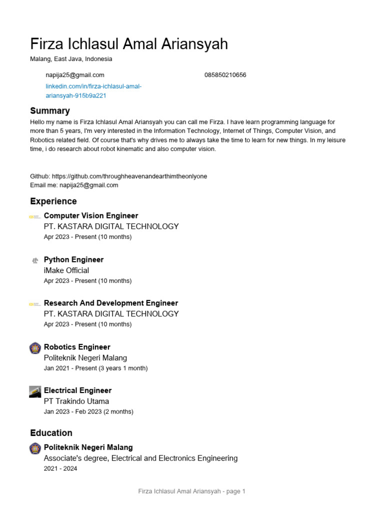 Firza Ichlasul Amal: Tech Profile | PDF