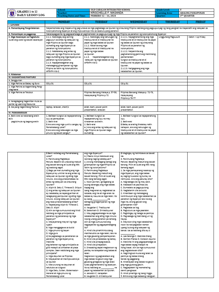 DLL Araling Panlipunan 5 q3 w2 | PDF