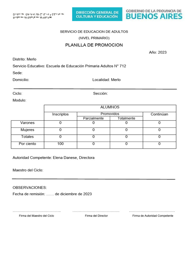 Planilla Promoción en Blanco | Descargar gratis PDF | Educación primaria