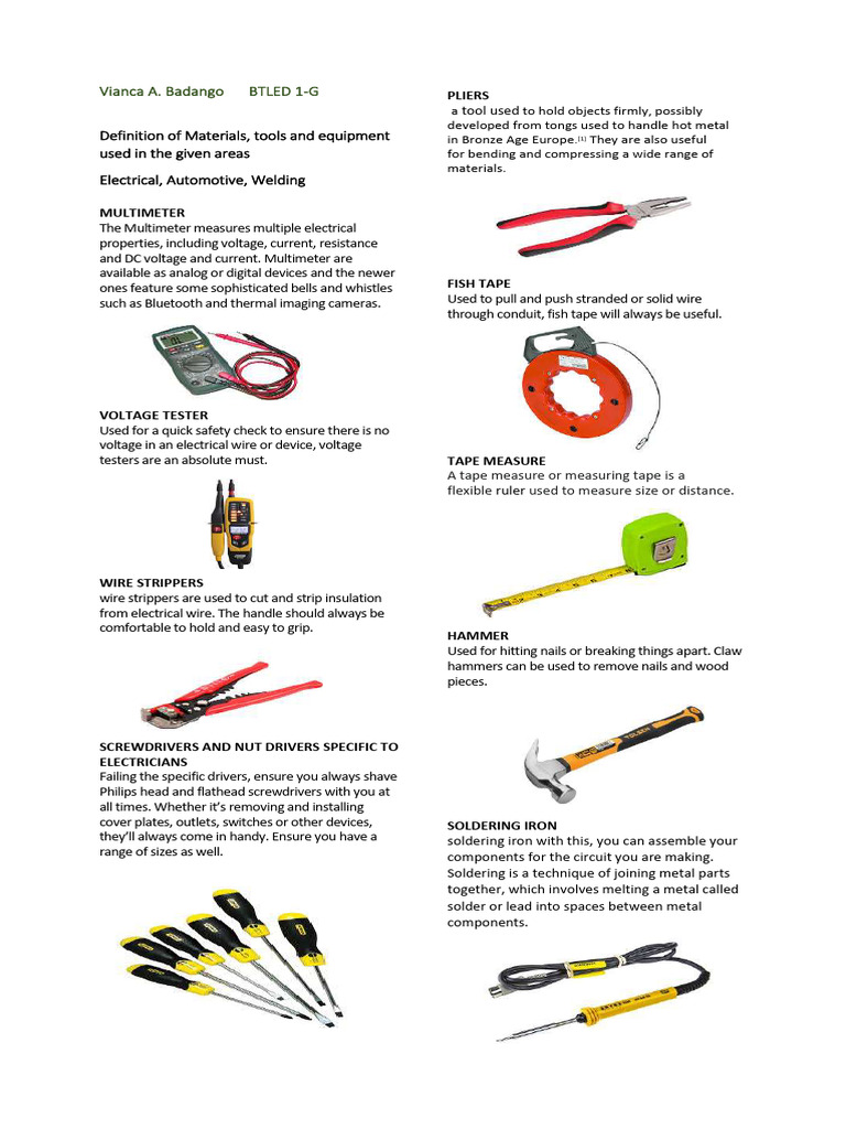 Definition of Materials, Tools and Equipment | PDF | Welding | Construction