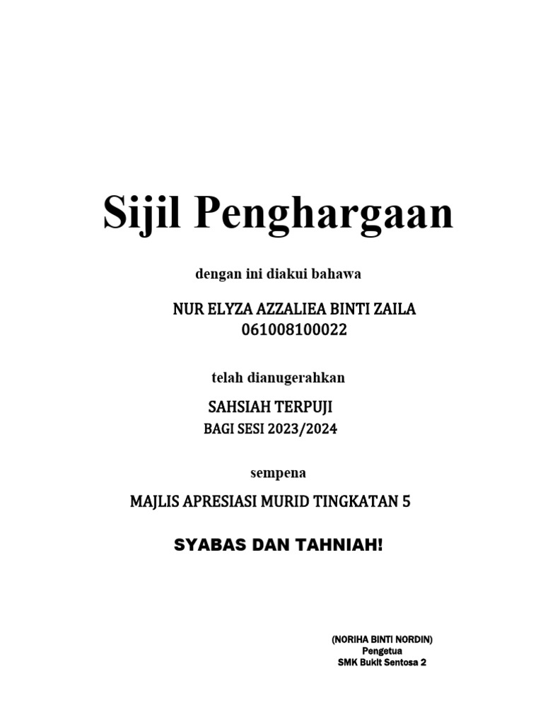 Template Sijil Sahsiah Terpuji | PDF