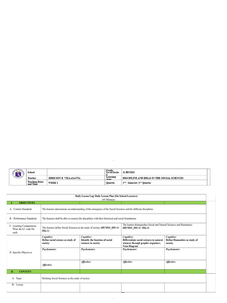 WEEK 1-lesson-plan-in-DISS | PDF | Social Sciences | Learning