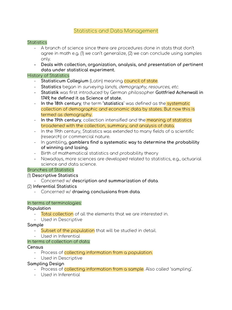 Overview of Statistics and Data Management | PDF | Sampling (Statistics ...