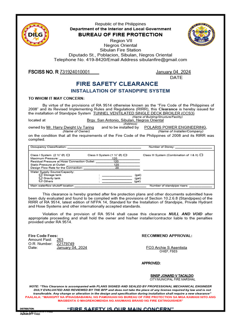 FSED 55F Fire Safety Clearance For Installation of Standpipe Rev00 ...