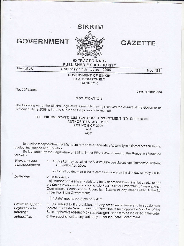 The Sikkim State Legislators' Appointment To Different Authorities Act ...