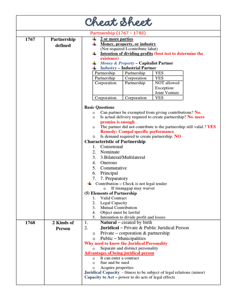 Partnership Law Cheat Sheet | PDF | Partnership | Corporations