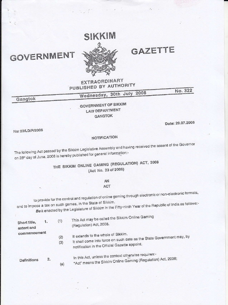The Sikkim Online Gaming (Regulation) Act, 2008 | PDF | Recreation | Sports