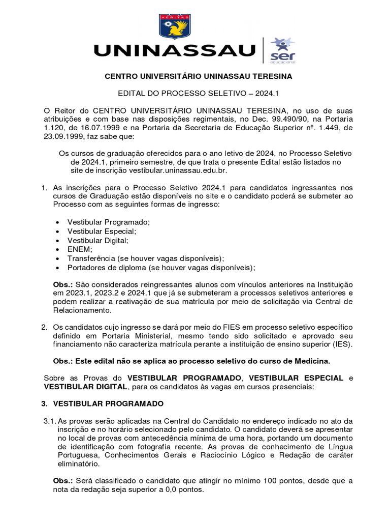 Edital do Vestibular Uninassau 2024.1 | PDF | Carreira e Crescimento