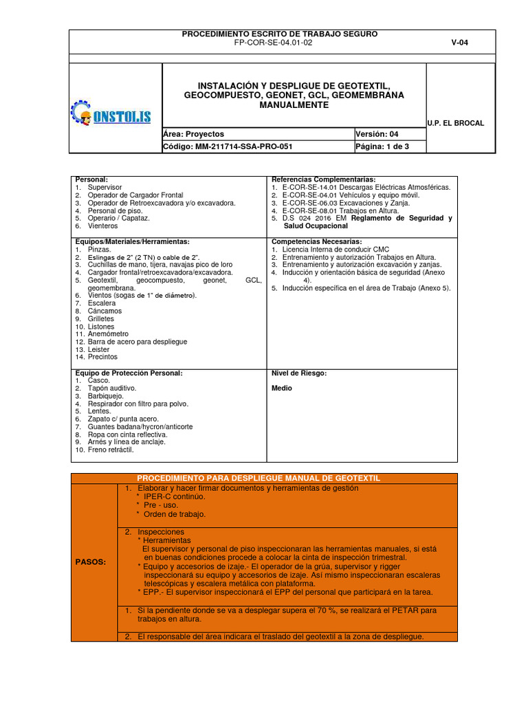 MM-211714-SSA-PRO-051 - Instalación de Geosinteticos Manualmente v2 | PDF