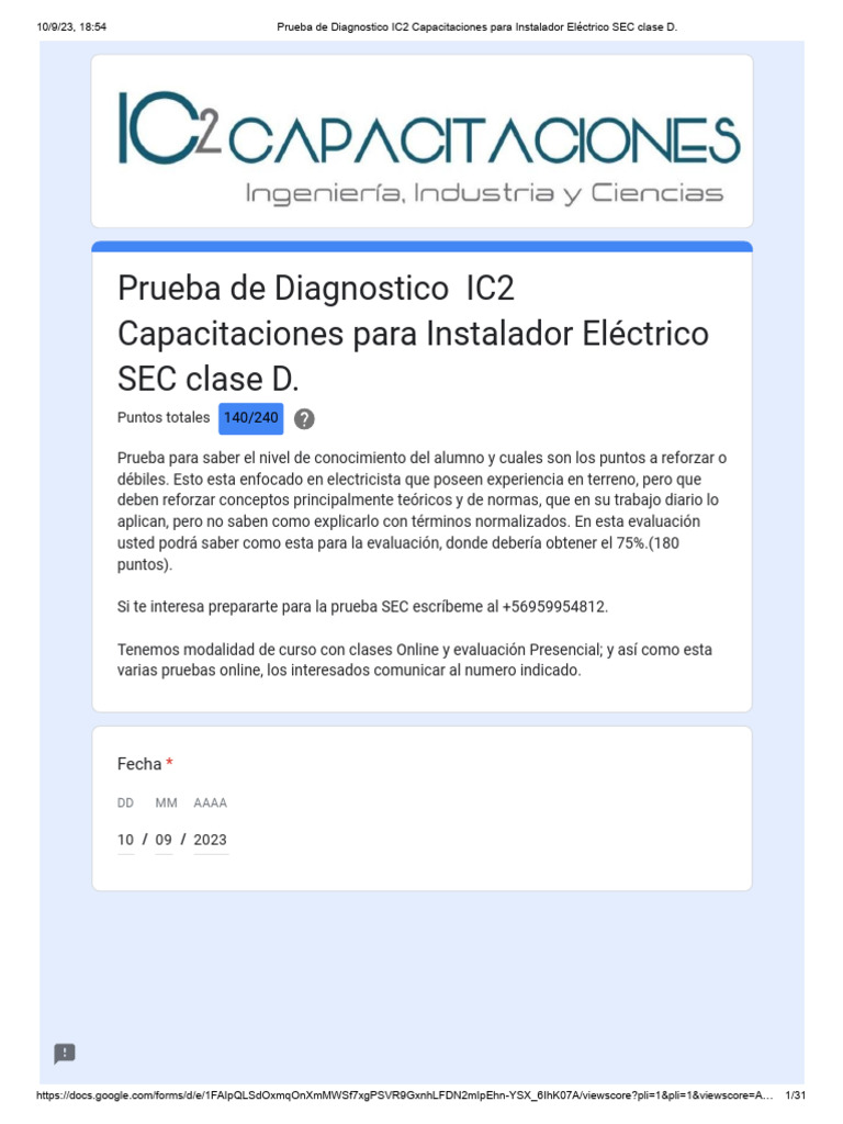 Prueba de Diagnostico IC2 Capacitaciones para Instalador Eléctrico SEC Clase D | PDF | Corriente ...