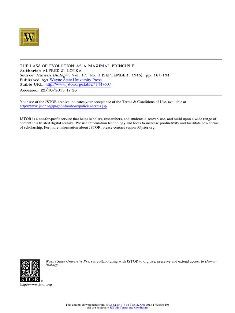 A Lei Da Evolução Como Um Princípio Máximo - Alfred Lotka | PDF ...