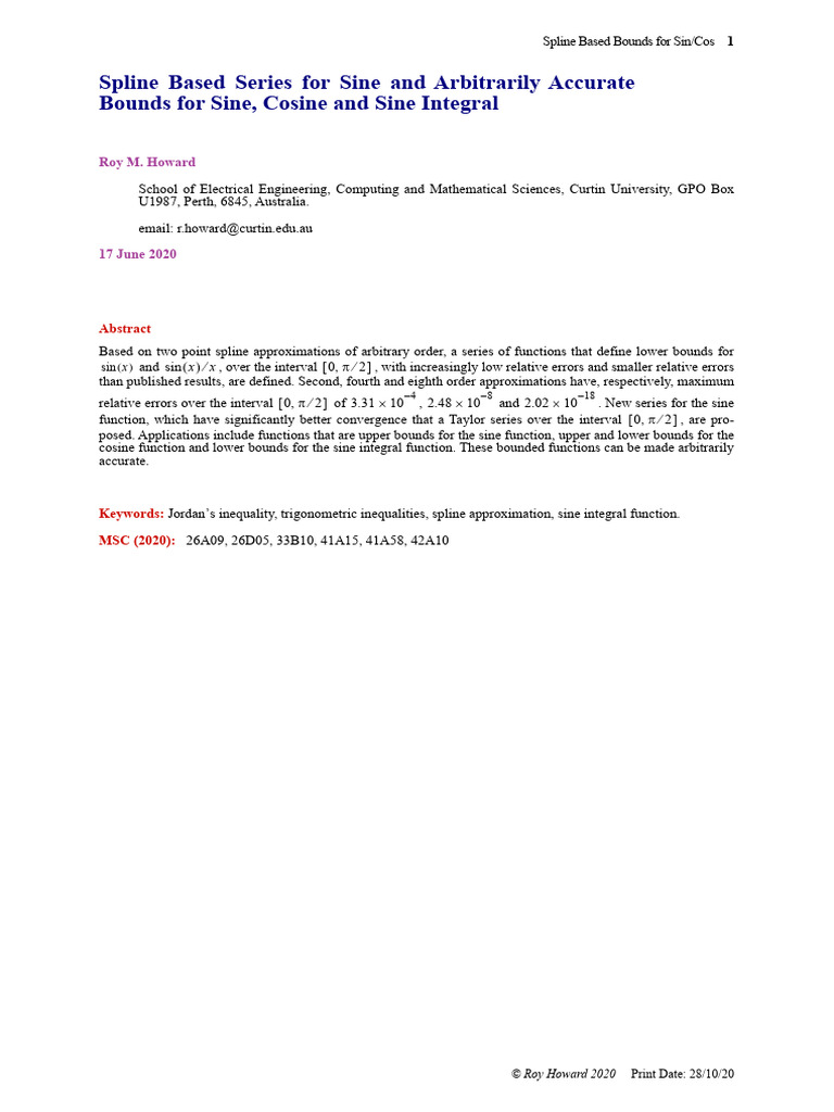 Spline Based Series For Sine and Arbitrarily Accurate Bounds For Sine, Cosine and Sine Integral ...