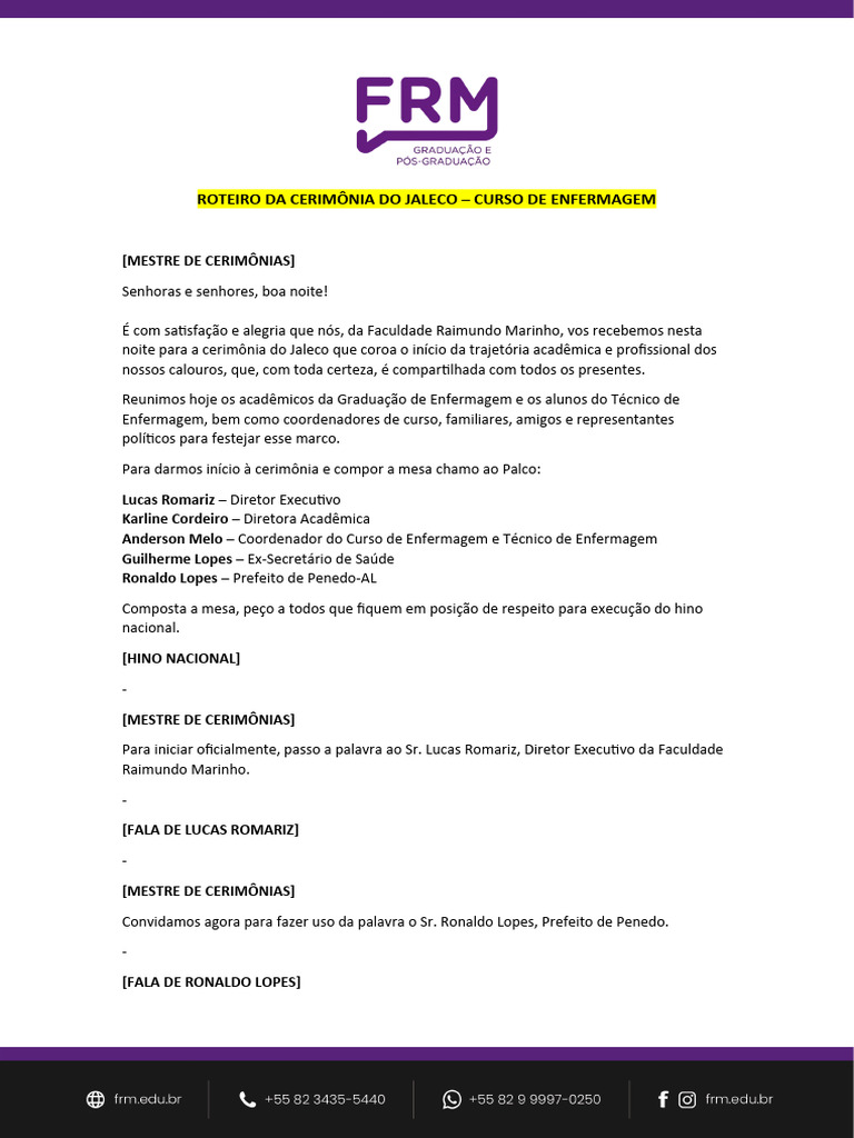 Roteiro - Cerimônia Do Jaleco | PDF