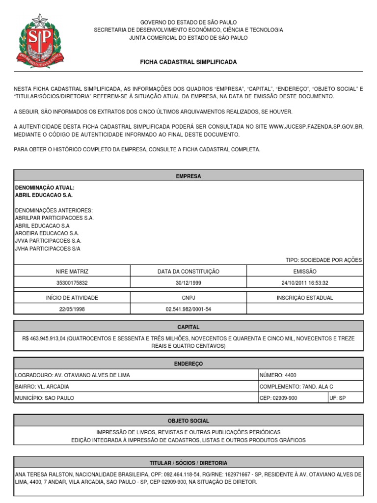 FICHA CADASTRAL SIMPLIFICADA | Brasil
