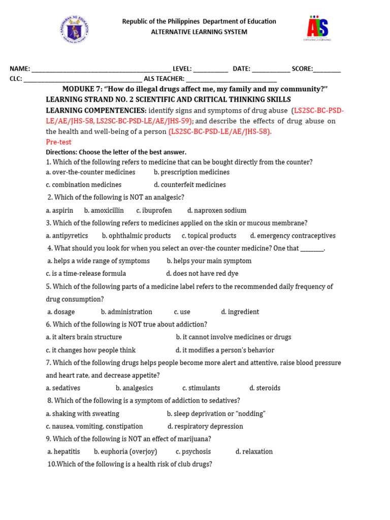 Activity LS 2 Module 7 How Do Illegal Drugs Affect Me, My Family and My Community | PDF | Mental ...