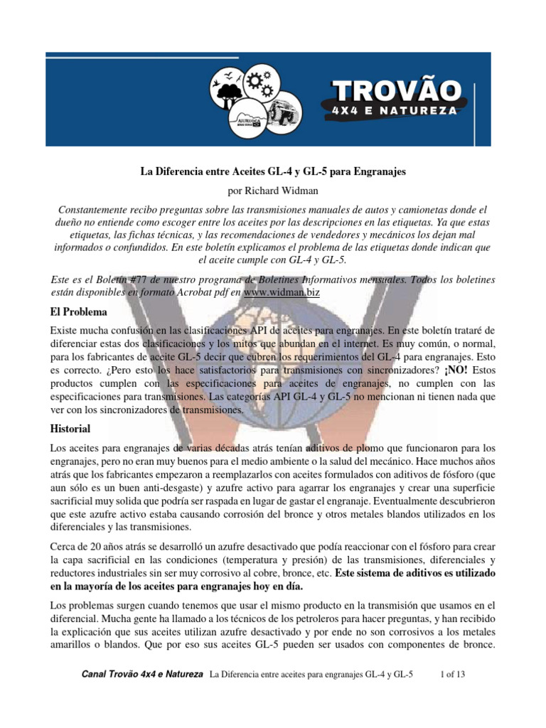 Diferencias entre Aceites GL-4 y GL-5 | PDF | Engranaje | Transmisión ...
