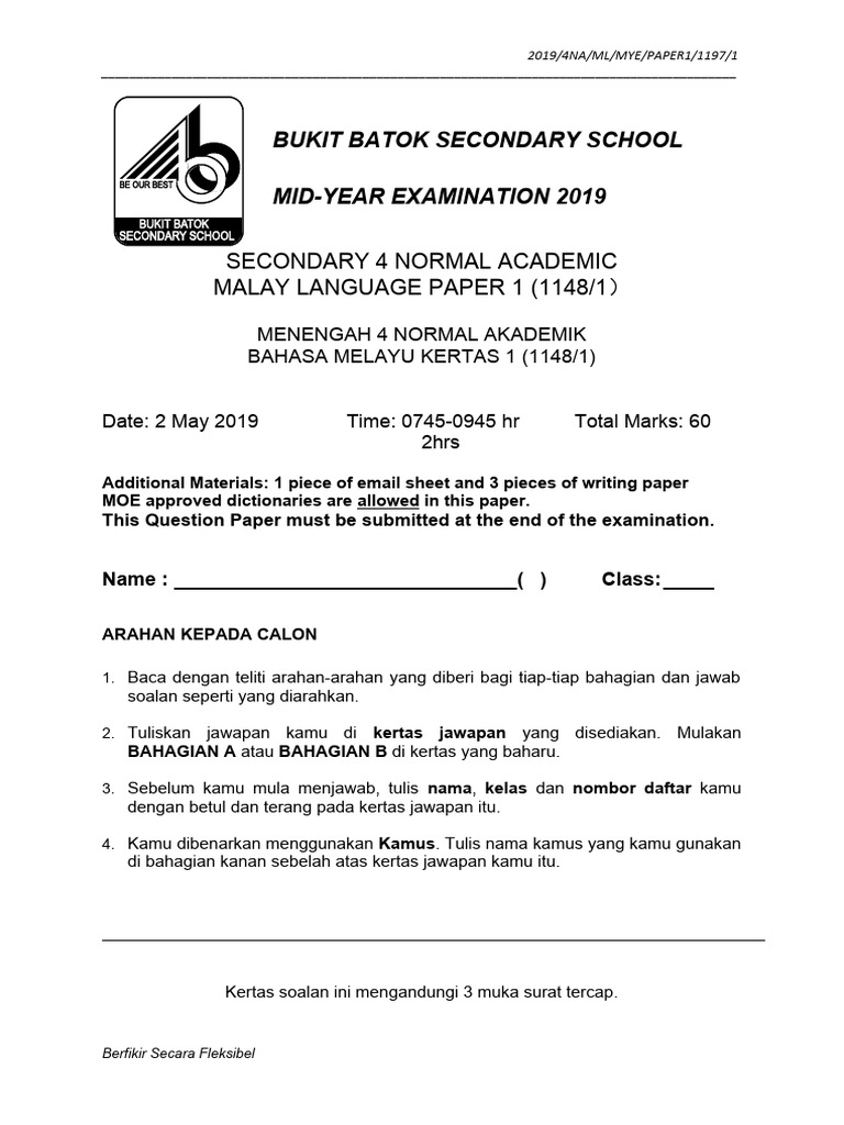 Secondary 4 Normal Academic Malay Language Paper 1 (1148/1 : Bukit ...