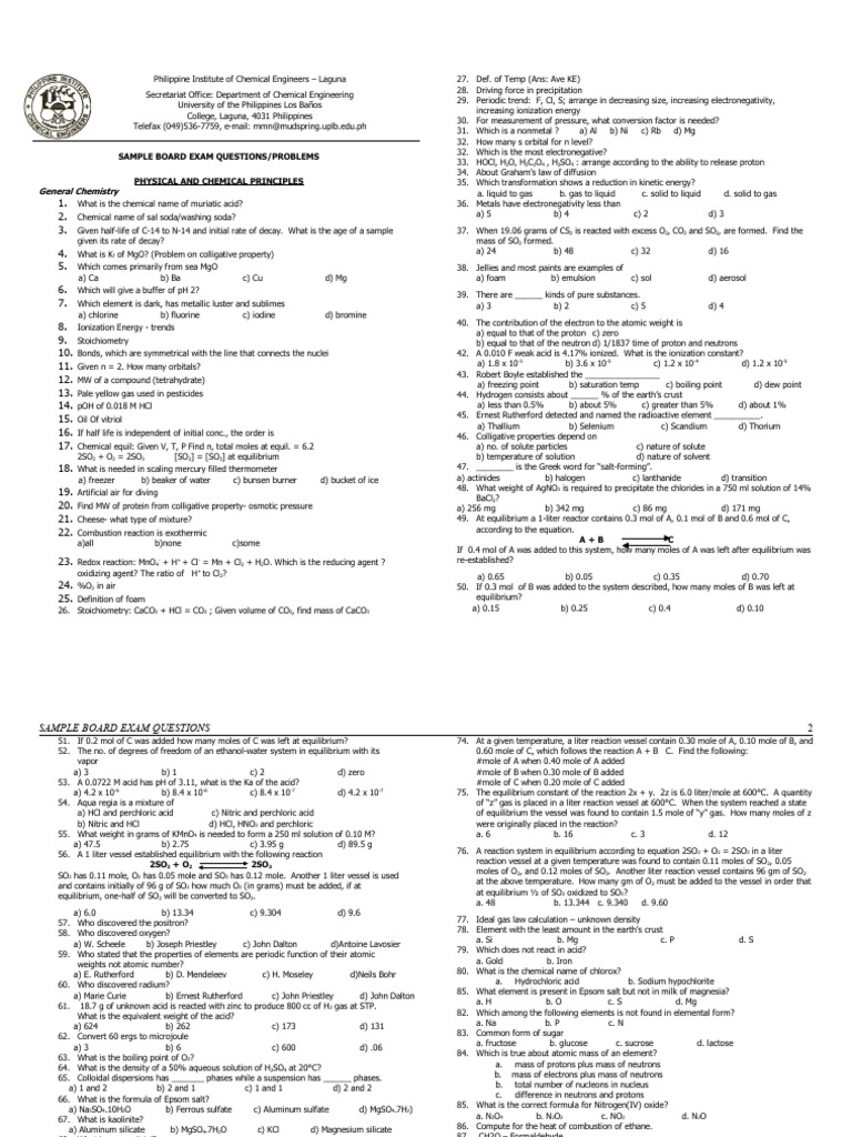 Sample Chemistry Board Exam Questions | PDF | Mole (Unit) | Reaction Rate