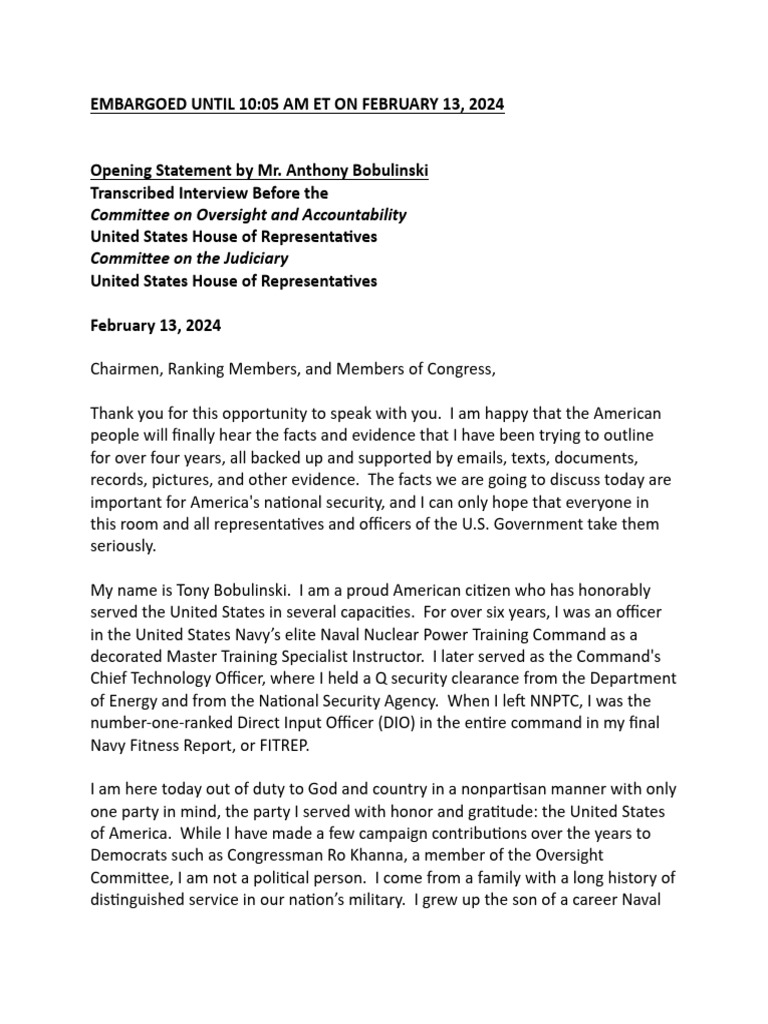 Bobulinski Opening Statement | PDF | Joe Biden