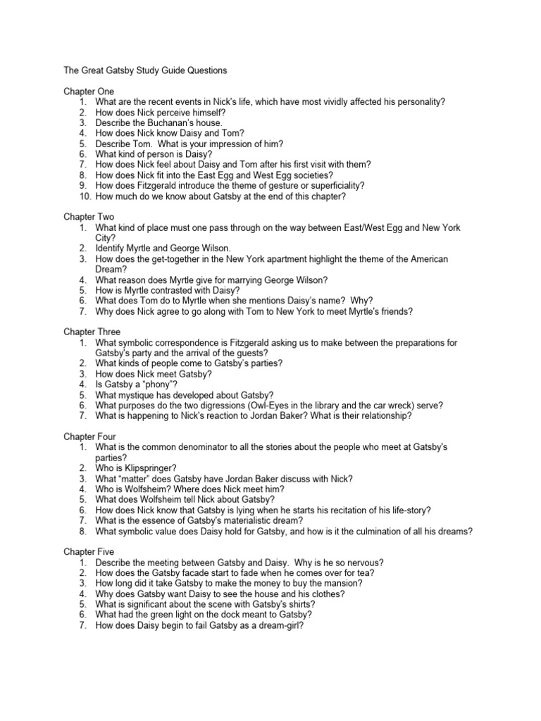 Gatsby Study Questions | PDF | The Great Gatsby