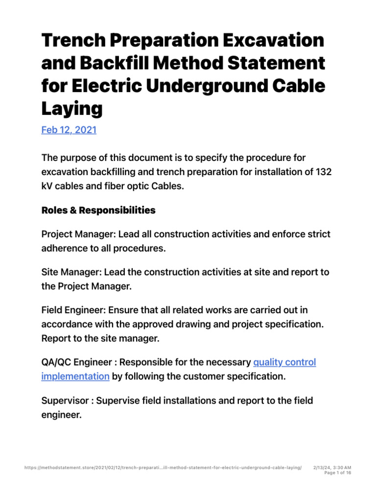 Underground Cable Laying Method Statement | PDF | Materials | Earth ...
