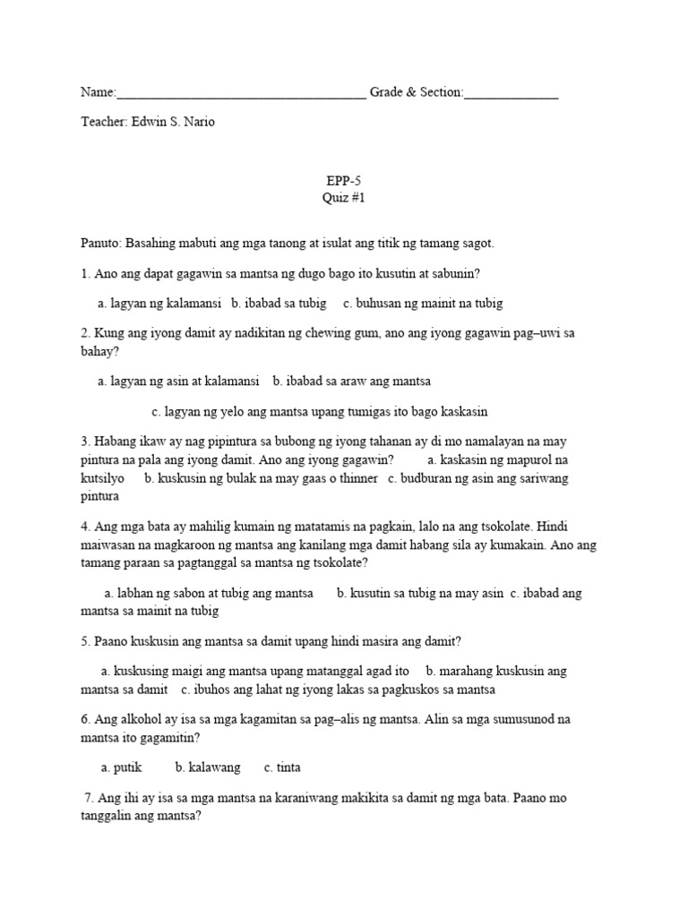 EPP 5 Summative Test 1 Quarter 1 | PDF