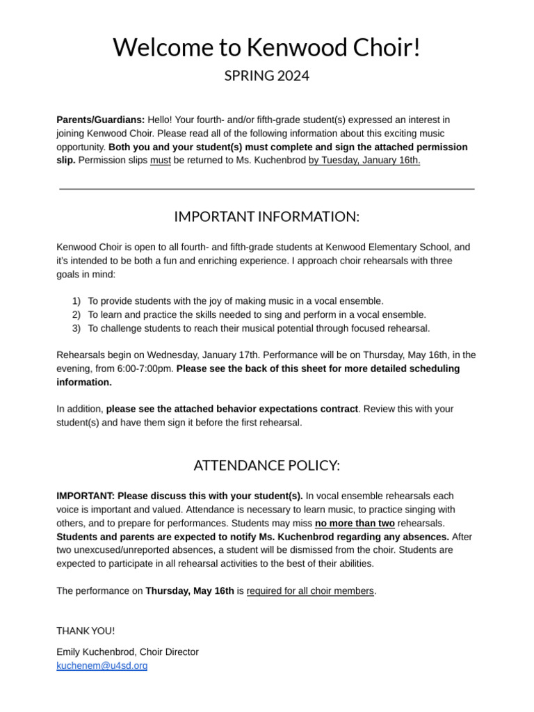 Kenwood Choir Spring 2024 Information | PDF | Choir