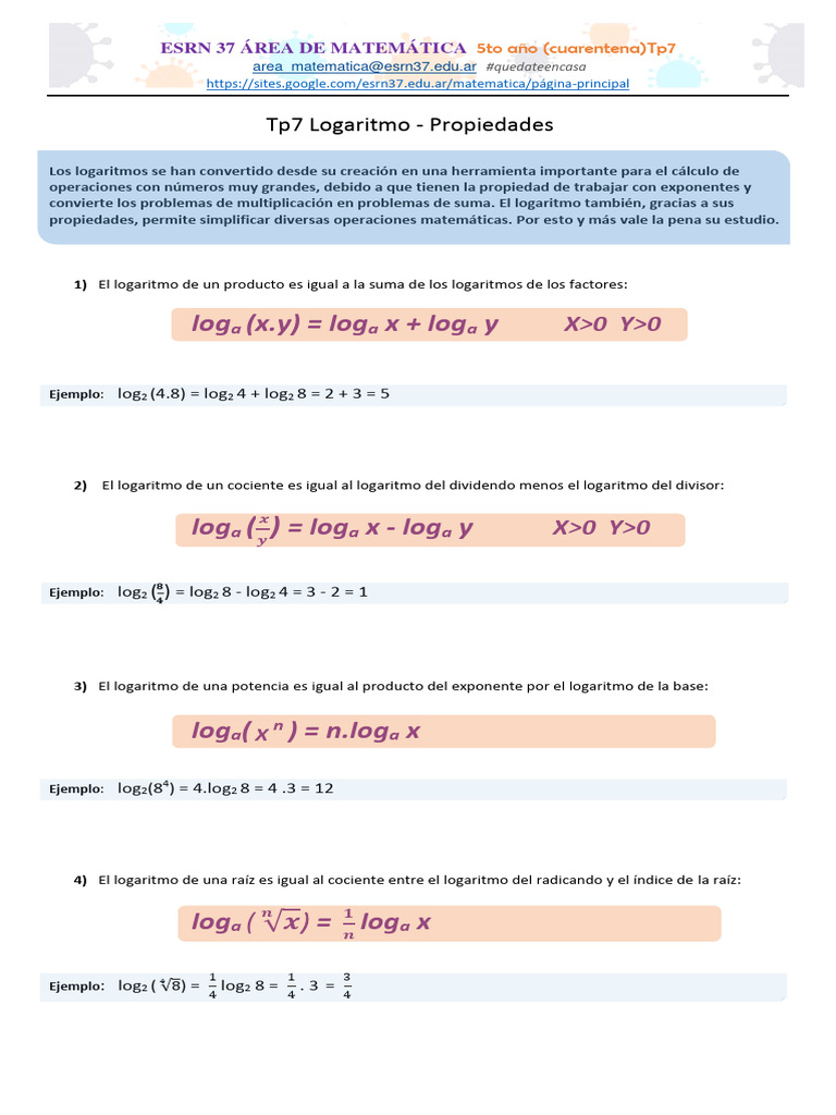 Tp7 - Logaritmos Propiedades - 5ºaño | Descargar gratis PDF | Logaritmo | División (Matemáticas)