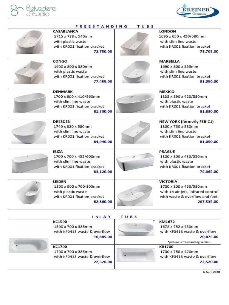 Freestanding & Inlay Tubs Specs | PDF