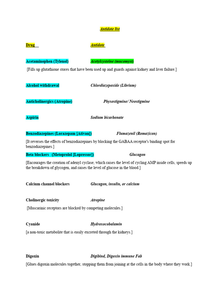 Antidote List | PDF | Acetylcholine | Drugs