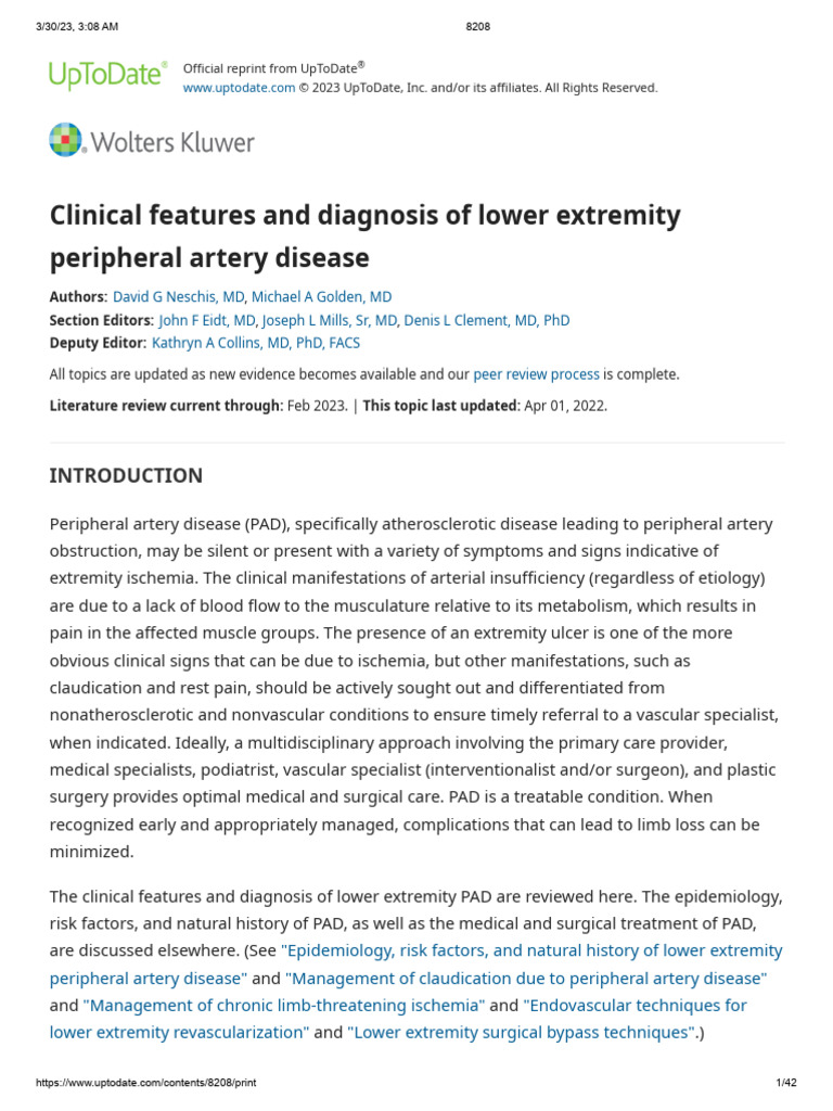 Clinical Features and Diagnosis of Lower Extremity Peripheral Artery Disease | PDF | Ischemia ...