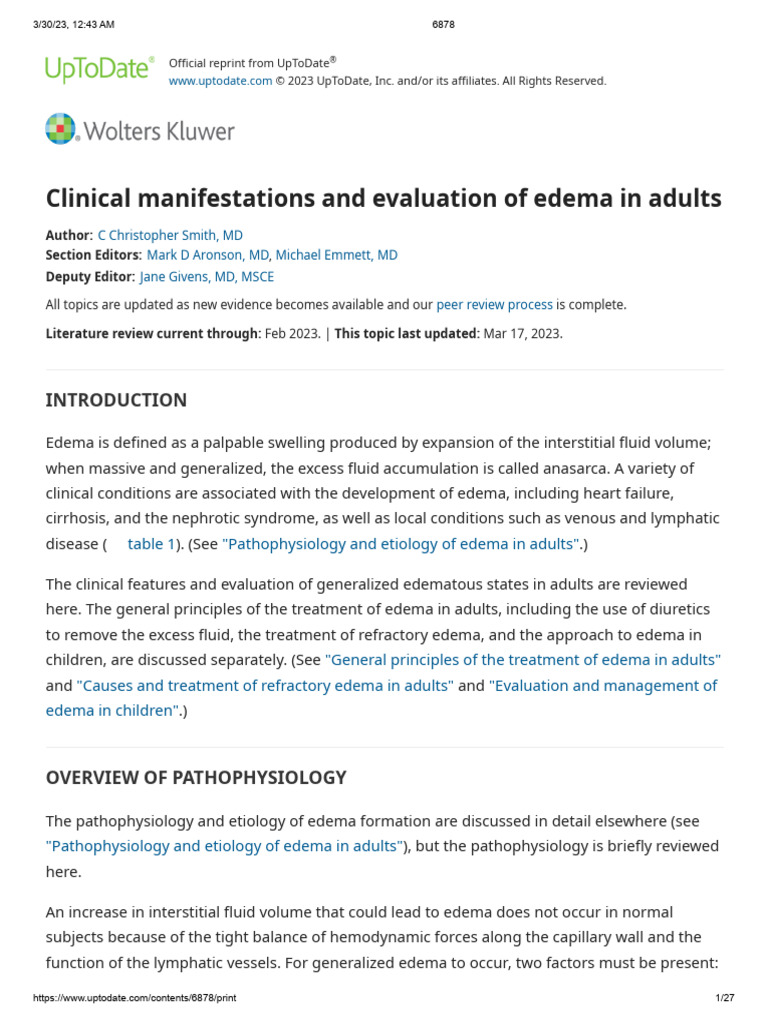 Clinical Manifestations and Evaluation of Edema in Adults | PDF | Edema | Thrombosis