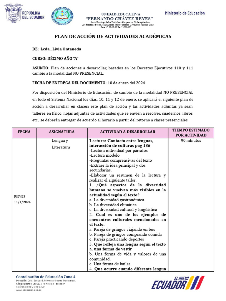 Ficha de Actividades Teletrabajo. Decimo Lengua | PDF