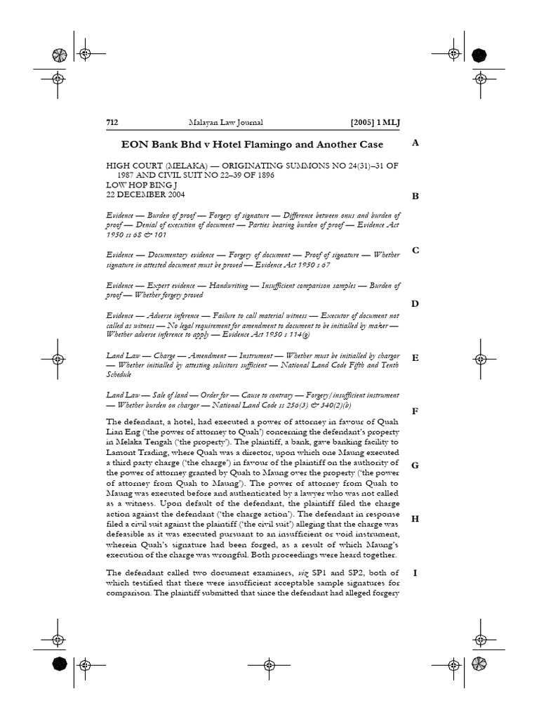 EON BANK BHD V HOTEL FLAMINGO AND ANOTHER CASE | PDF | Burden Of Proof ...