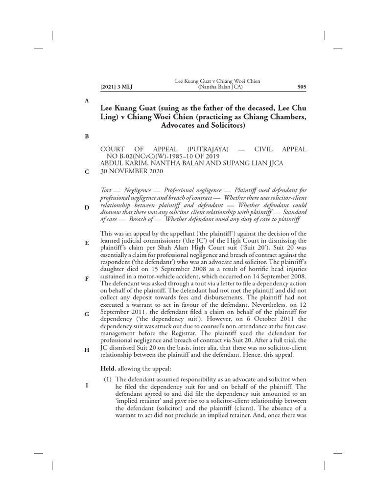 Lee Kuang Guat (Suing As The Father of The Decased, Lee Chu Ling) V ...