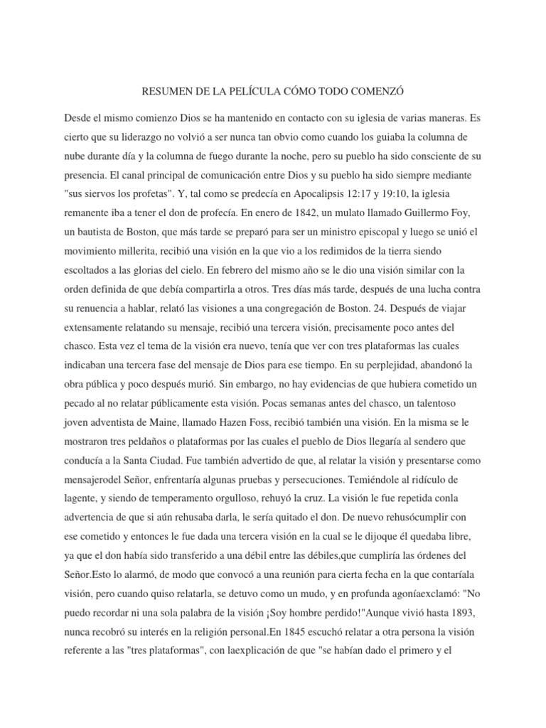 Reacción de La Película Cómo Todo Comenzó | PDF | Iglesia Adventista ...