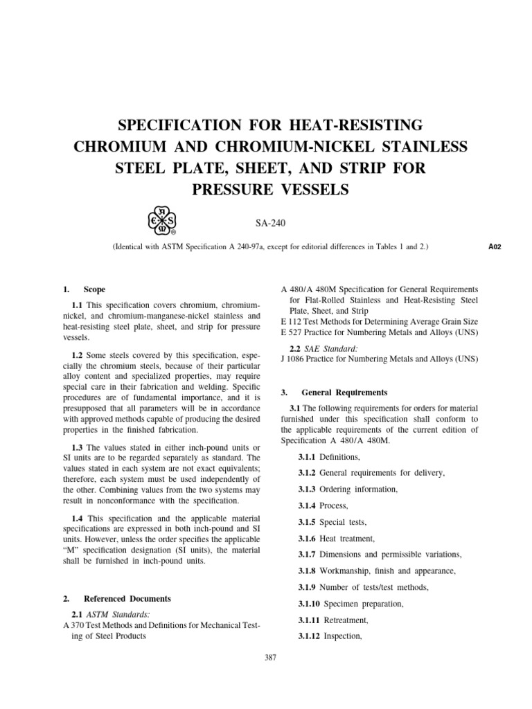 Sa 240 | PDF | Stainless Steel | Steel