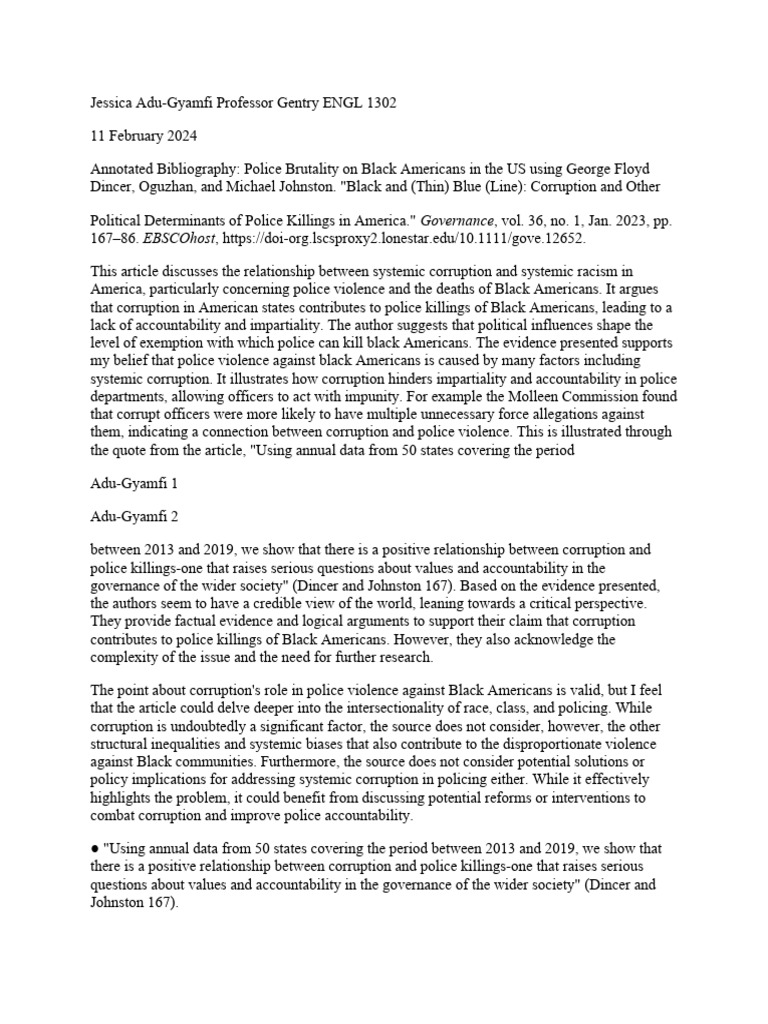 Annotated Bibliographies Entries | PDF | Violence | Police