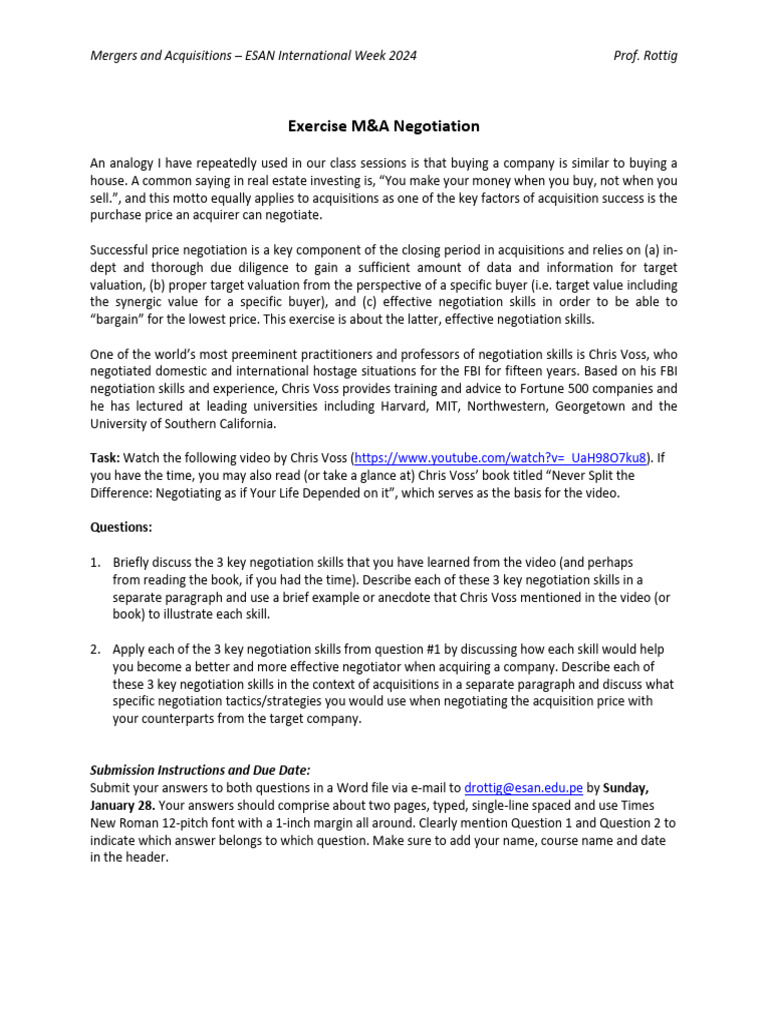 MA Negotiation Exercise Guidelines | PDF | Mergers And Acquisitions ...