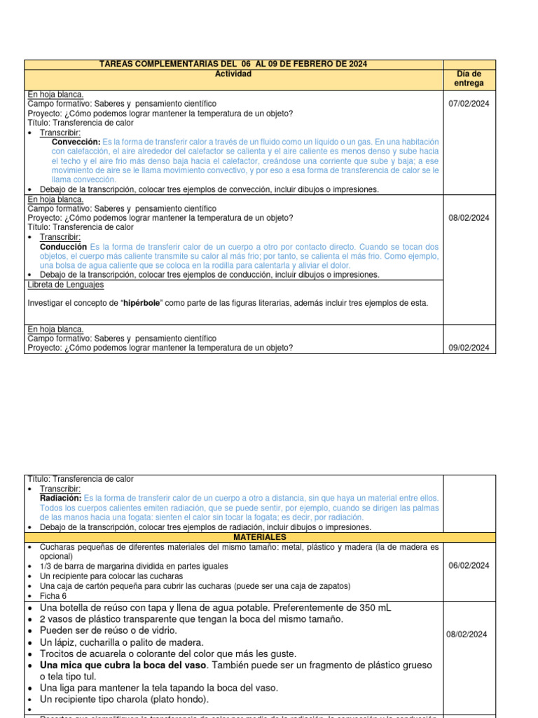 Tareas Complementarias Del 06 Al 09 de Febrero de 2024 | PDF | Convección | Conduccion termica