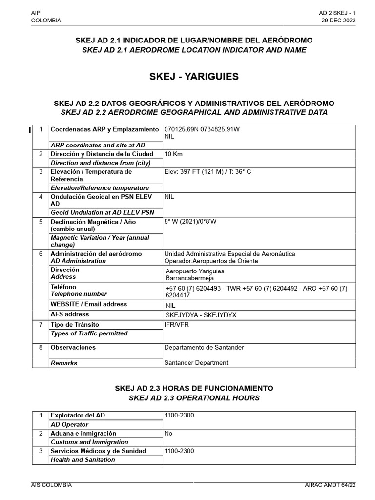 Datos del Aeropuerto Yariguíes SKEJ | PDF | Aeropuerto | Pista