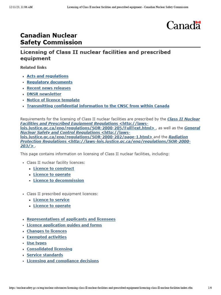Licensing of Class II Nuclear Facilities and Prescribed Equipment ...