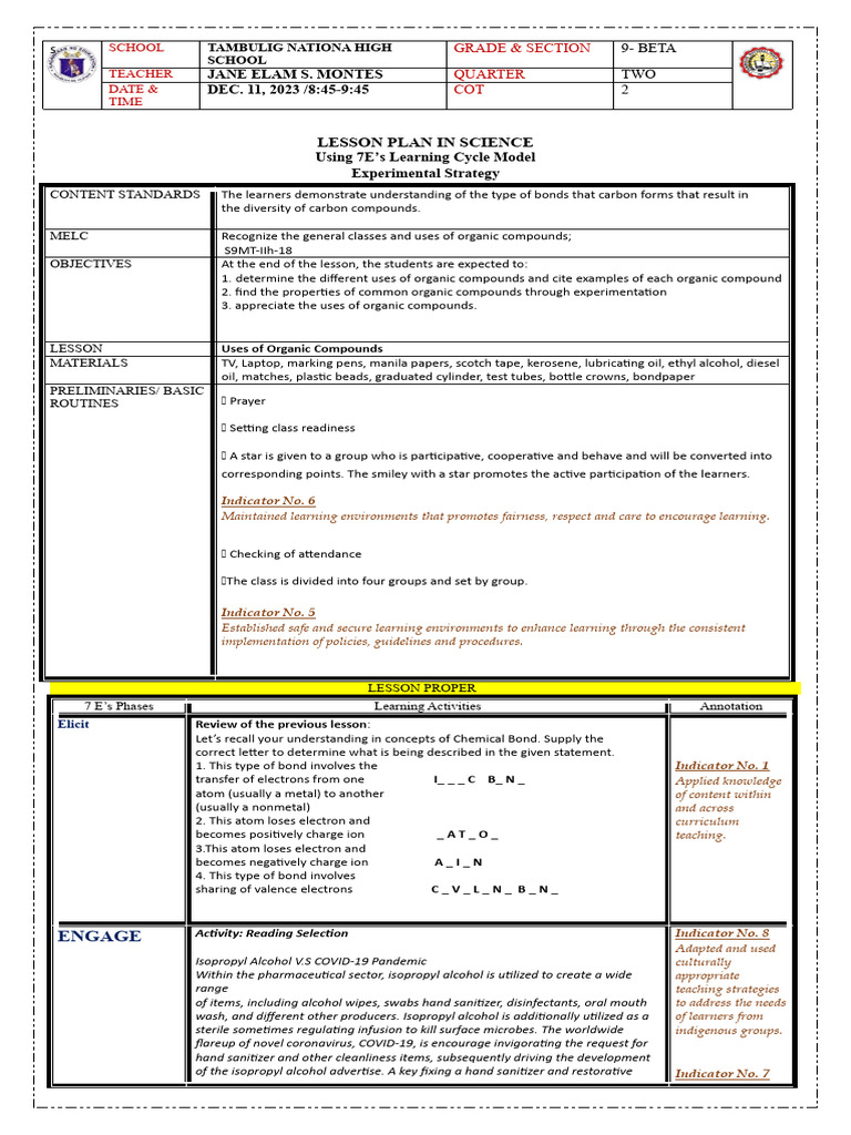 7E Lesson Plan: Organic Compounds for 9th Grade | PDF | Dominance ...