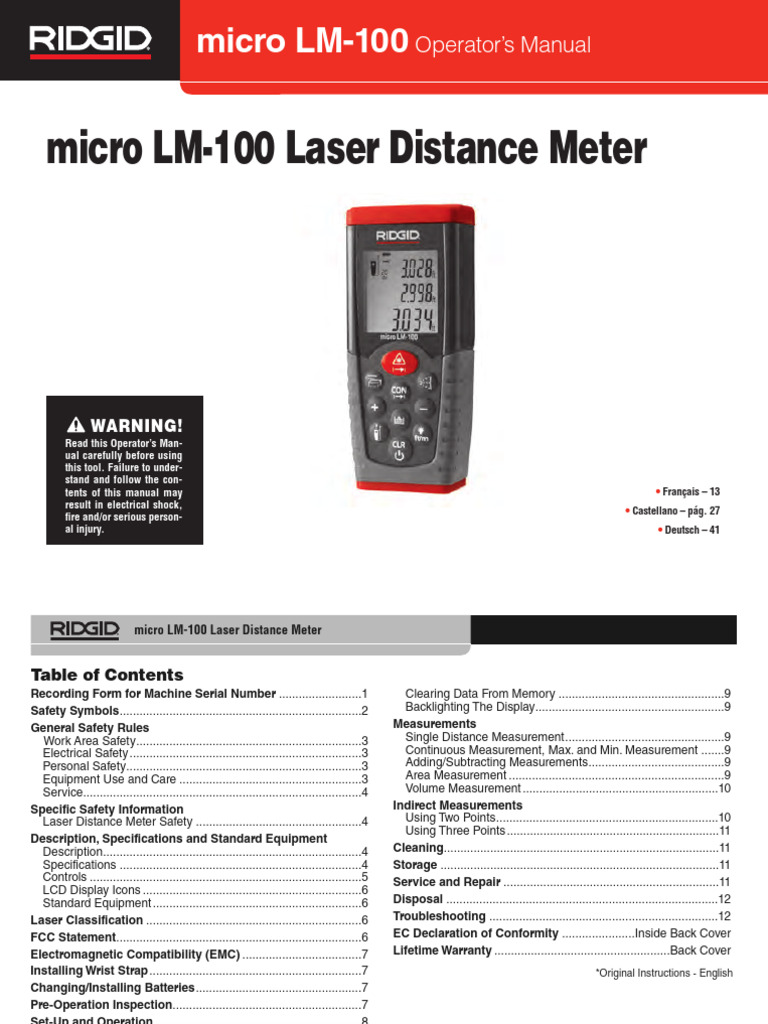 Micro LM-100 Laser Distance Meter: Operator's Manual | PDF | Safety