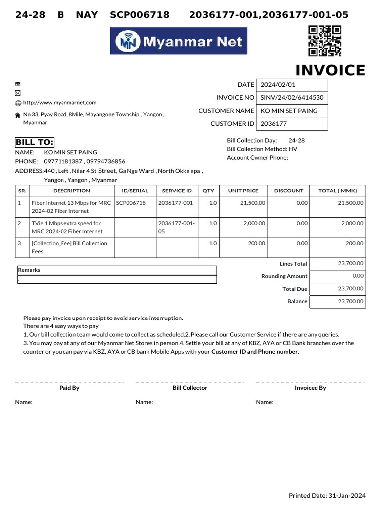 Myanmar Net Invoice for February 2024 | PDF | Invoice | Service Industries